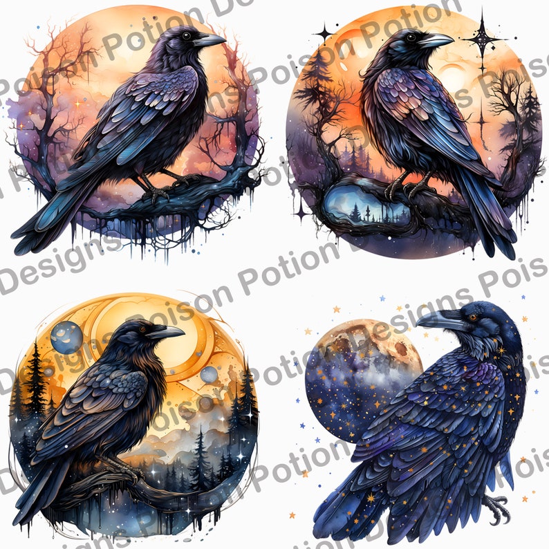 Cosmic Raven Clipart, Gothic Fantasy Watercolor PNG Clip Art, Celestial ...