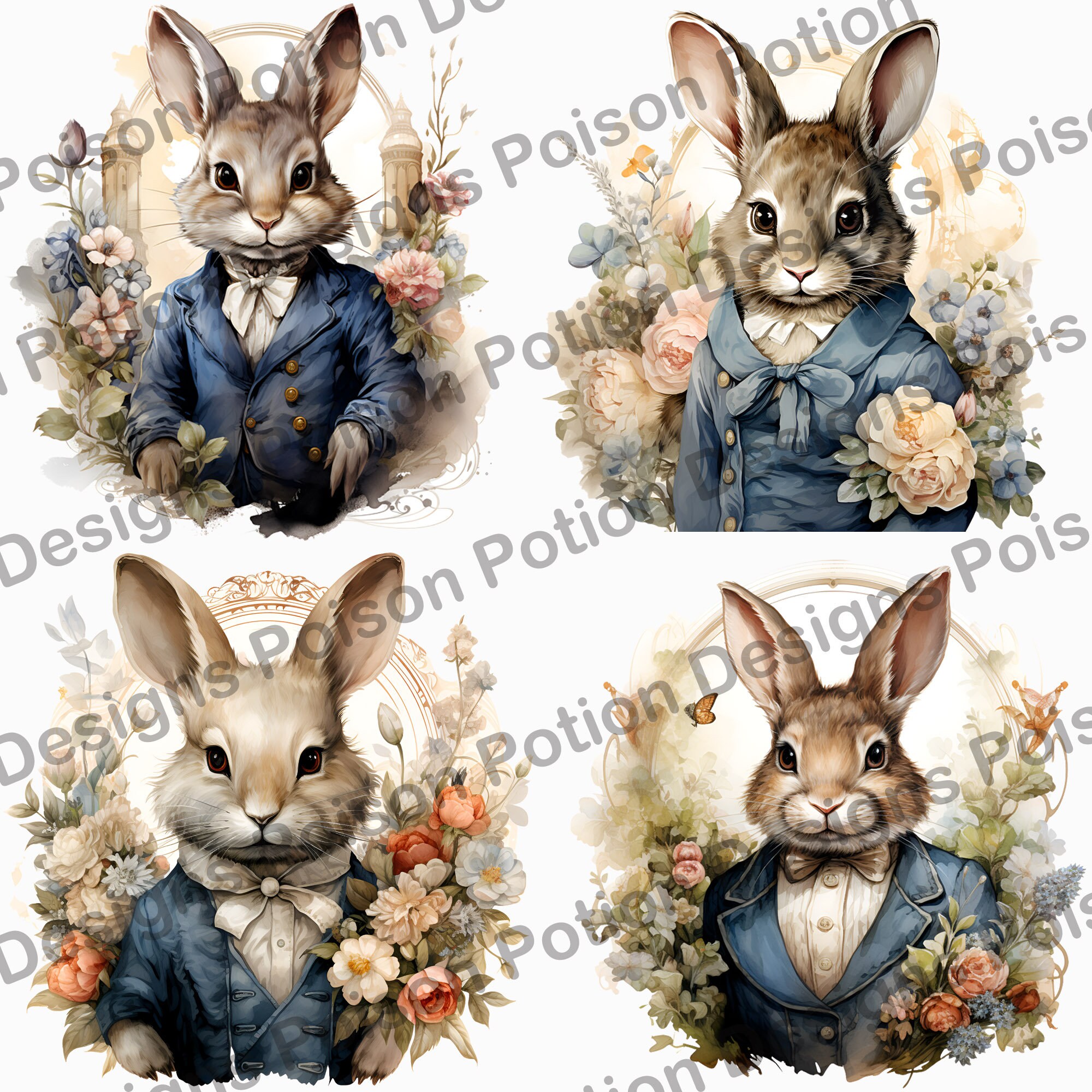 Fantasy Victorian Bunny Clipart, Vintage Watercolor PNG Clip Art ...