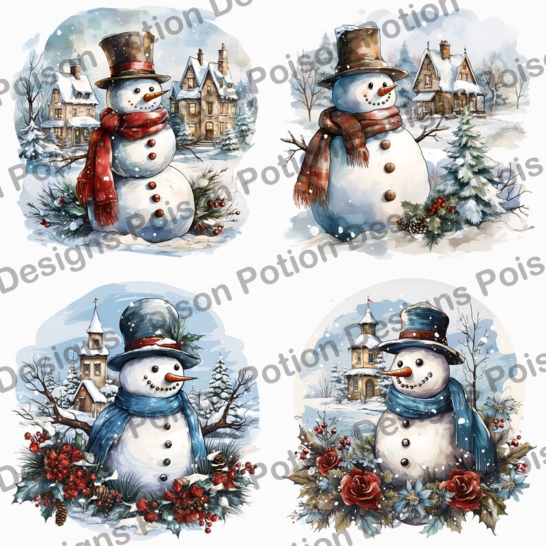 Winter Scenery Snowman Clipart, Classic Holiday Watercolor PNG Clip Art ...