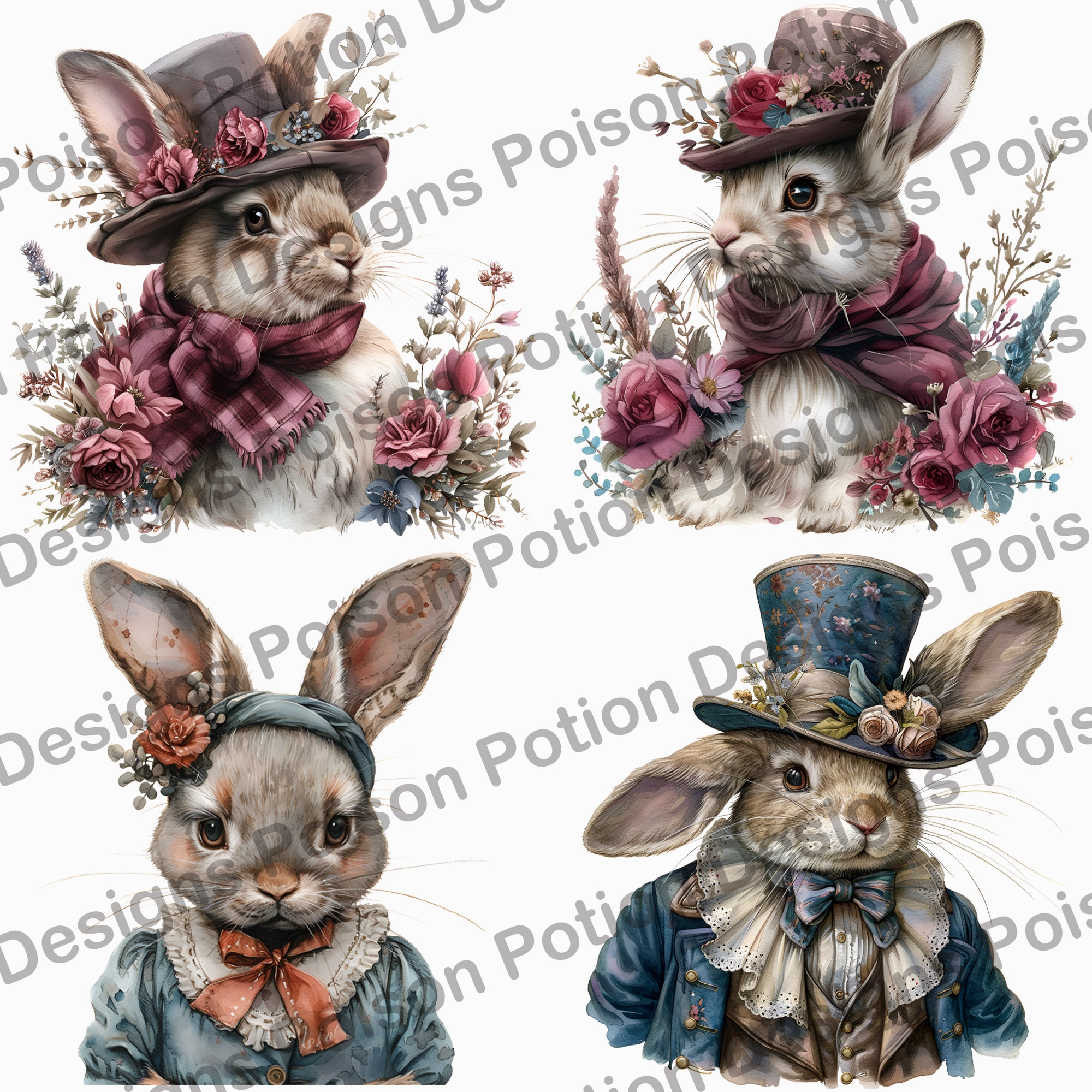Fantasy Victorian Bunny Clipart, Vintage Watercolor PNG Clip Art ...