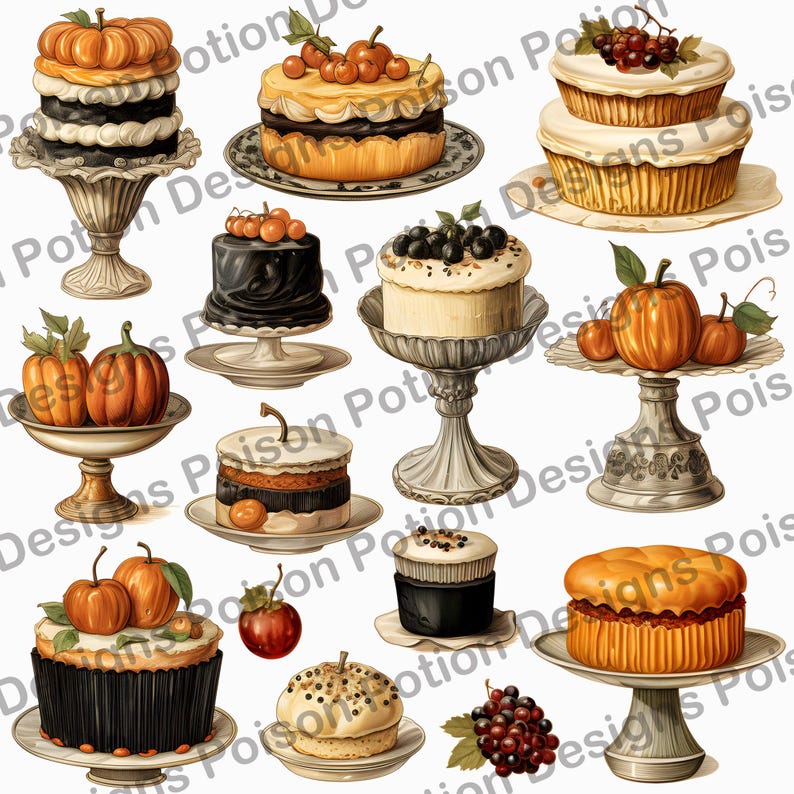 Fall Holiday Sweets Clipart, Retro Food PNG Clip Art, Thanksgiving Cake ...