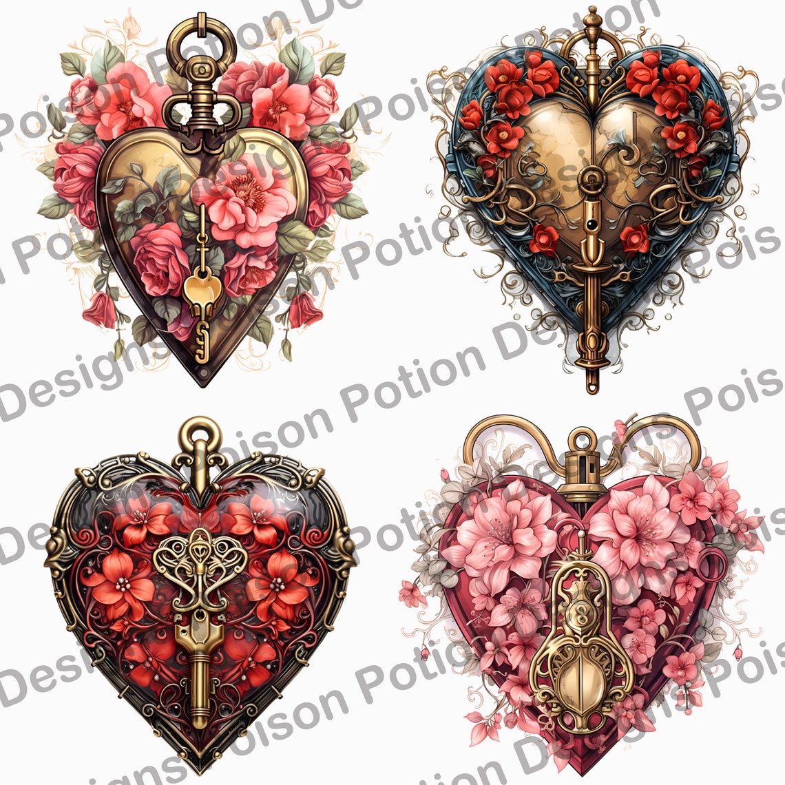 Victorian Heart Lock and Key Clipart, Vintage Valentine's Day PNG Clip ...