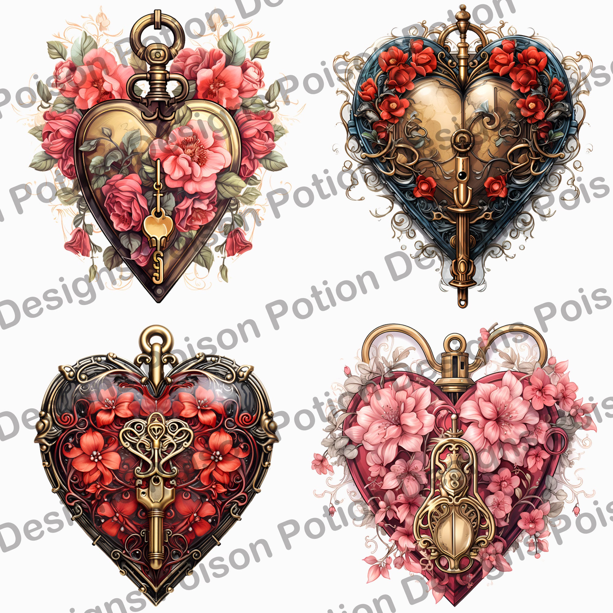 Victorian Heart Lock and Key Clipart, Vintage Valentine's Day PNG Clip ...