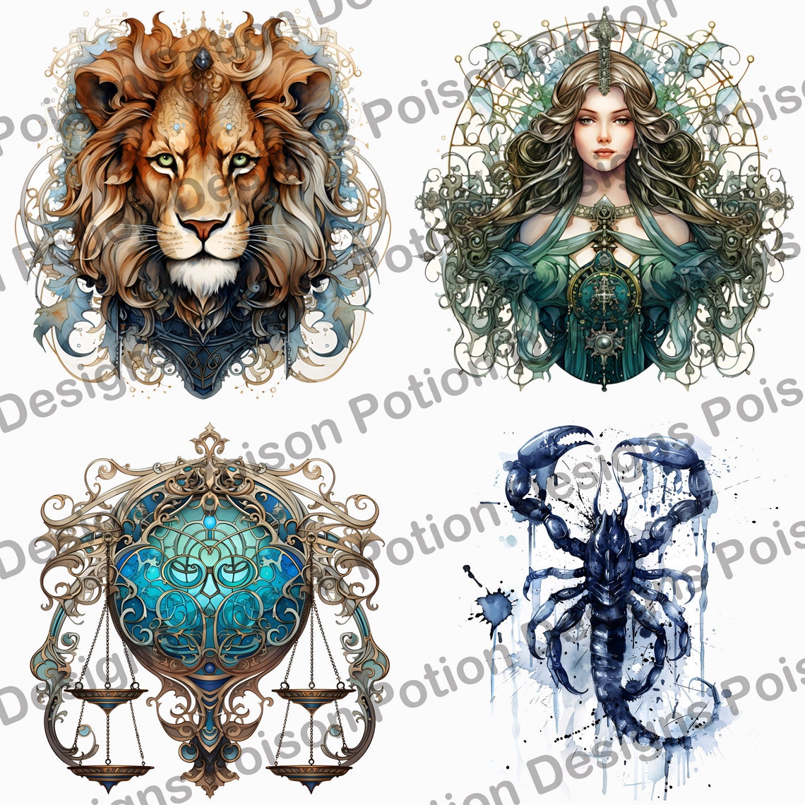 Gothic Zodiac Signs Clipart, Astrology Watercolor PNG Clip Art, Aries ...