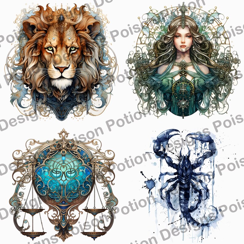 Gothic Zodiac Signs Clipart, Astrology Watercolor PNG Clip Art, Aries ...