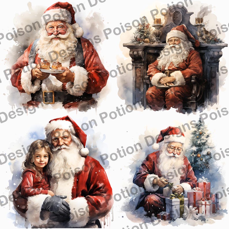 Classic Santa Claus Clipart, Vintage Christmas Watercolor PNG Clip Art ...