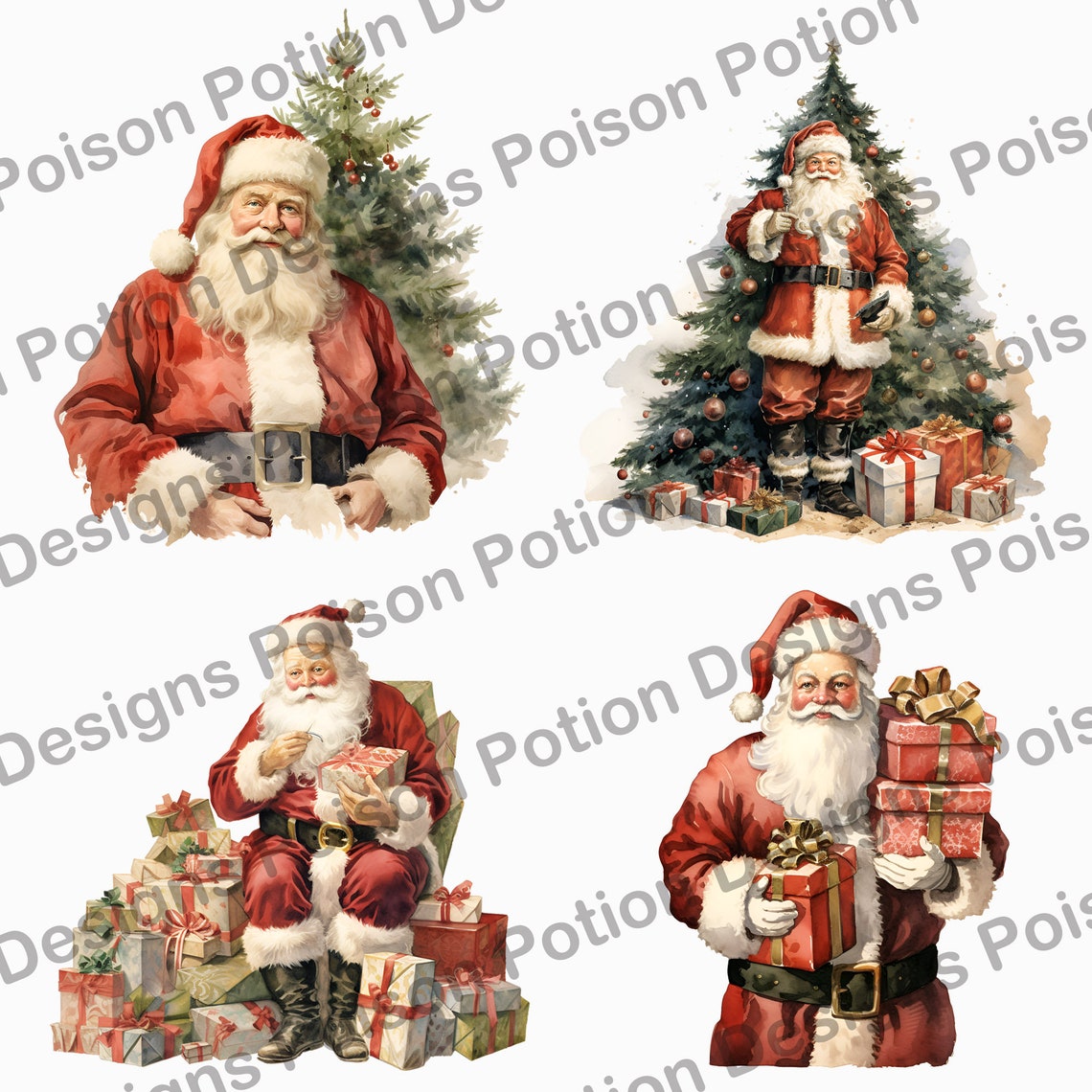 Vintage Santa Claus Clipart Retro Watercolor Christmas PNG - Etsy