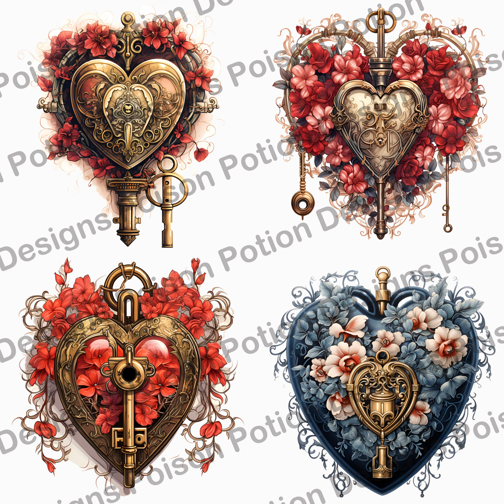 Victorian Heart Lock and Key Clipart, Vintage Valentine's Day PNG Clip ...
