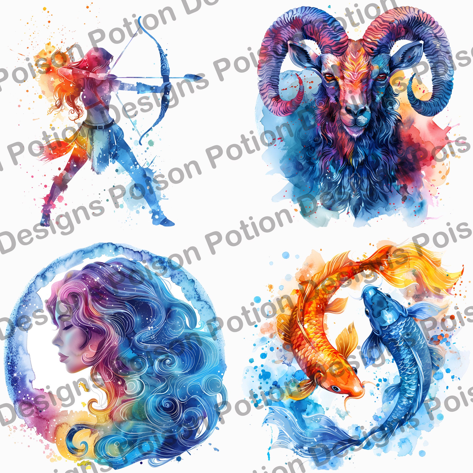 Watercolor Zodiac Clipart, Colorful Astrology PNG Clip Art, Taurus ...