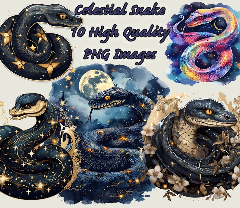 Celestial Snake Clipart, Goth Watercolor PNG Clip Art, Cosmic Serpent, Moon, Stars, Junk Journal ...