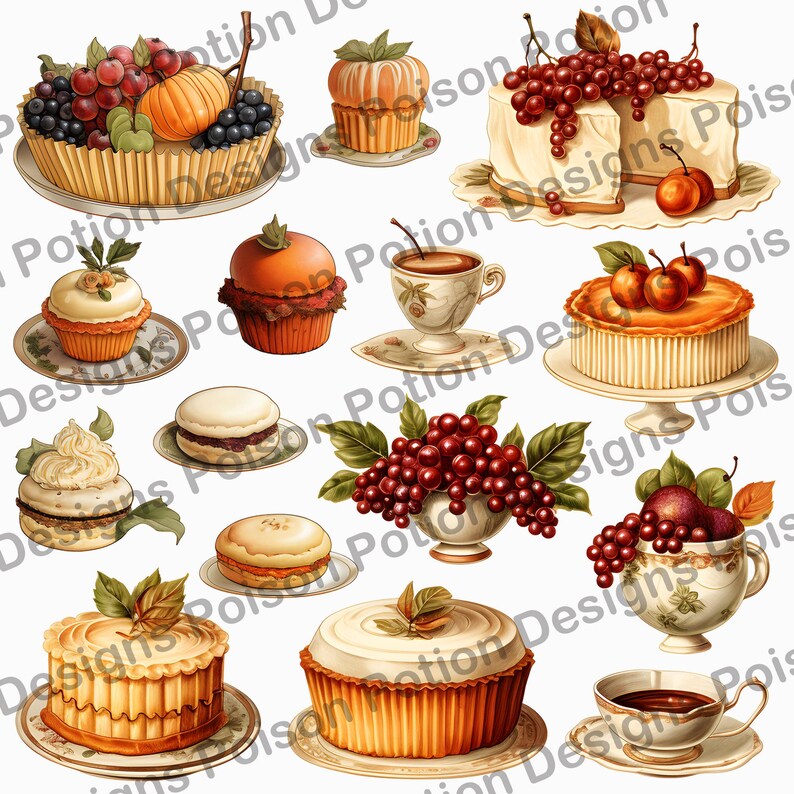 Fall Holiday Sweets Clipart, Retro Food PNG Clip Art, Thanksgiving Cake ...