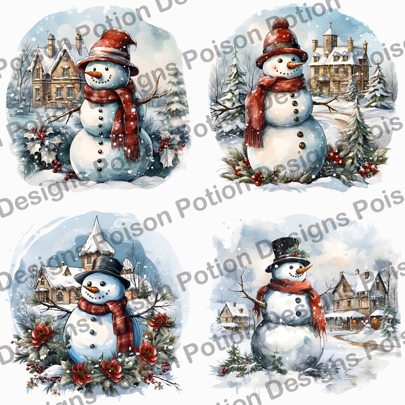 Winter Scenery Snowman Clipart, Classic Holiday Watercolor PNG Clip Art ...