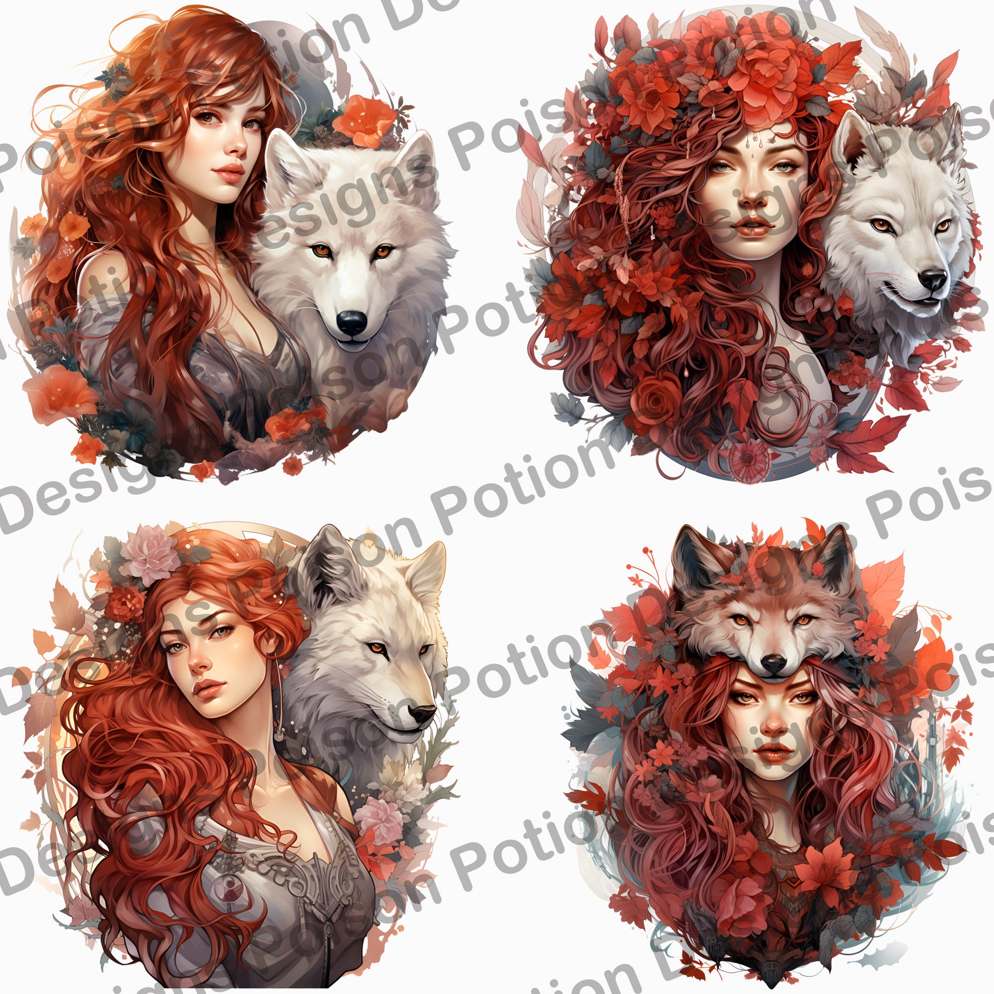 Beautiful Red Headed Wolf Queen Clipart, Fantasy Watercolor PNG Clip ...