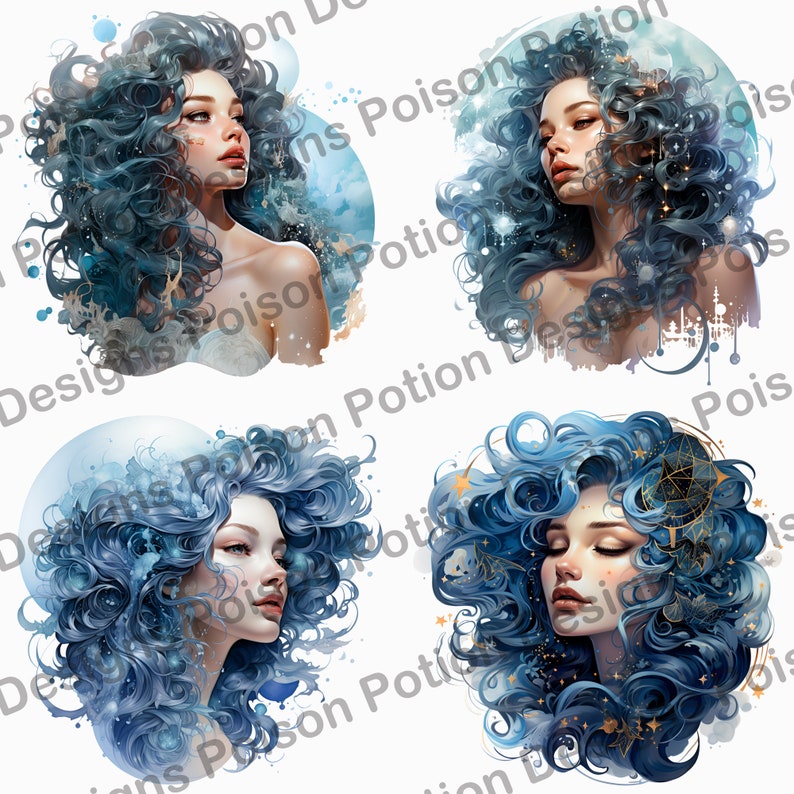 Blue Moon Goddess Clipart, Beautiful Fantasy Woman Watercolor PNG Clip ...