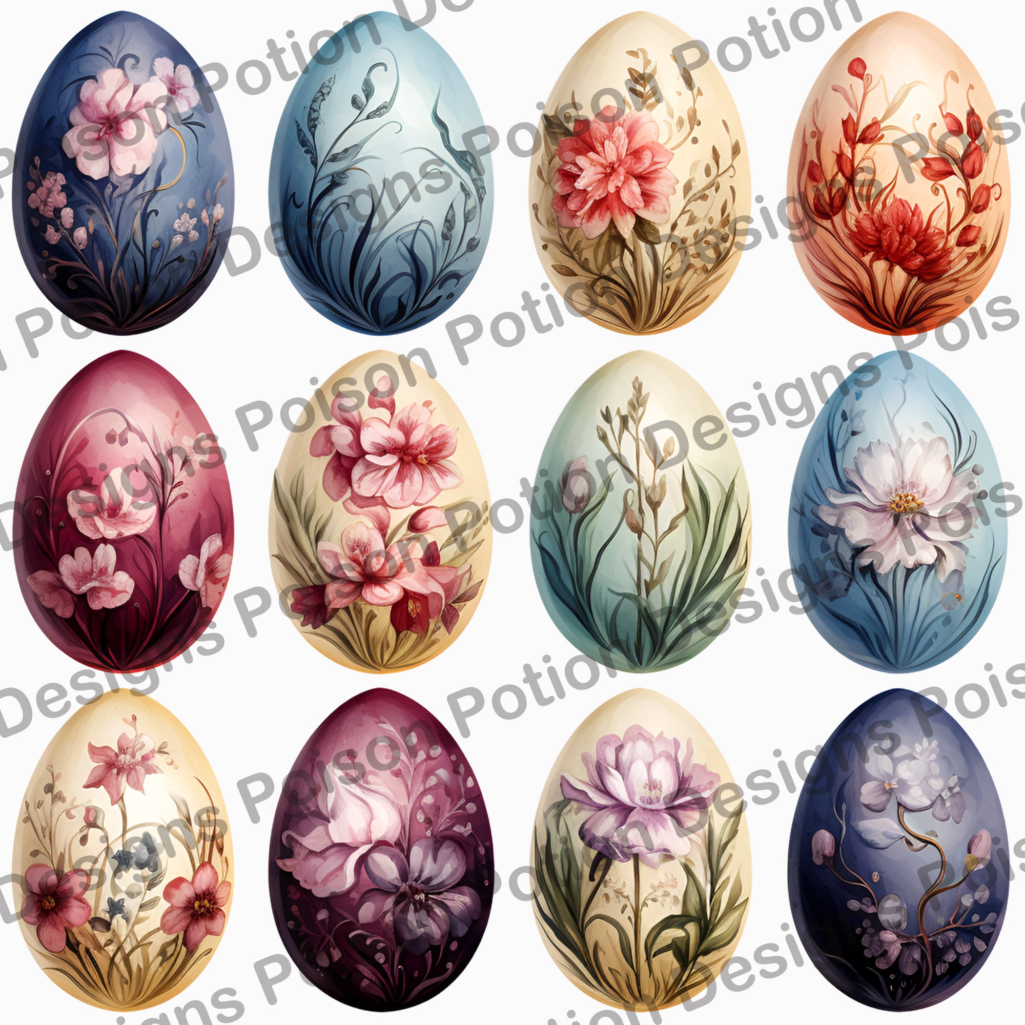 Floral Painted Easter Egg Clipart, Vintage Watercolor PNG Clip Art ...