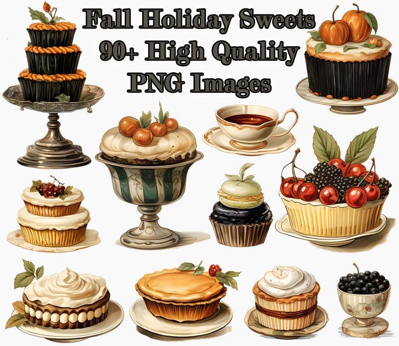 Fall Holiday Sweets Clipart, Retro Food PNG Clip Art, Thanksgiving Cake ...