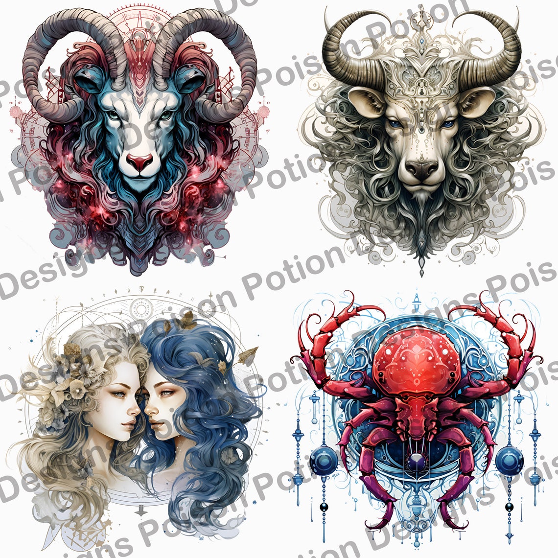 Gothic Zodiac Signs Clipart, Astrology Watercolor PNG Clip Art, Aries ...