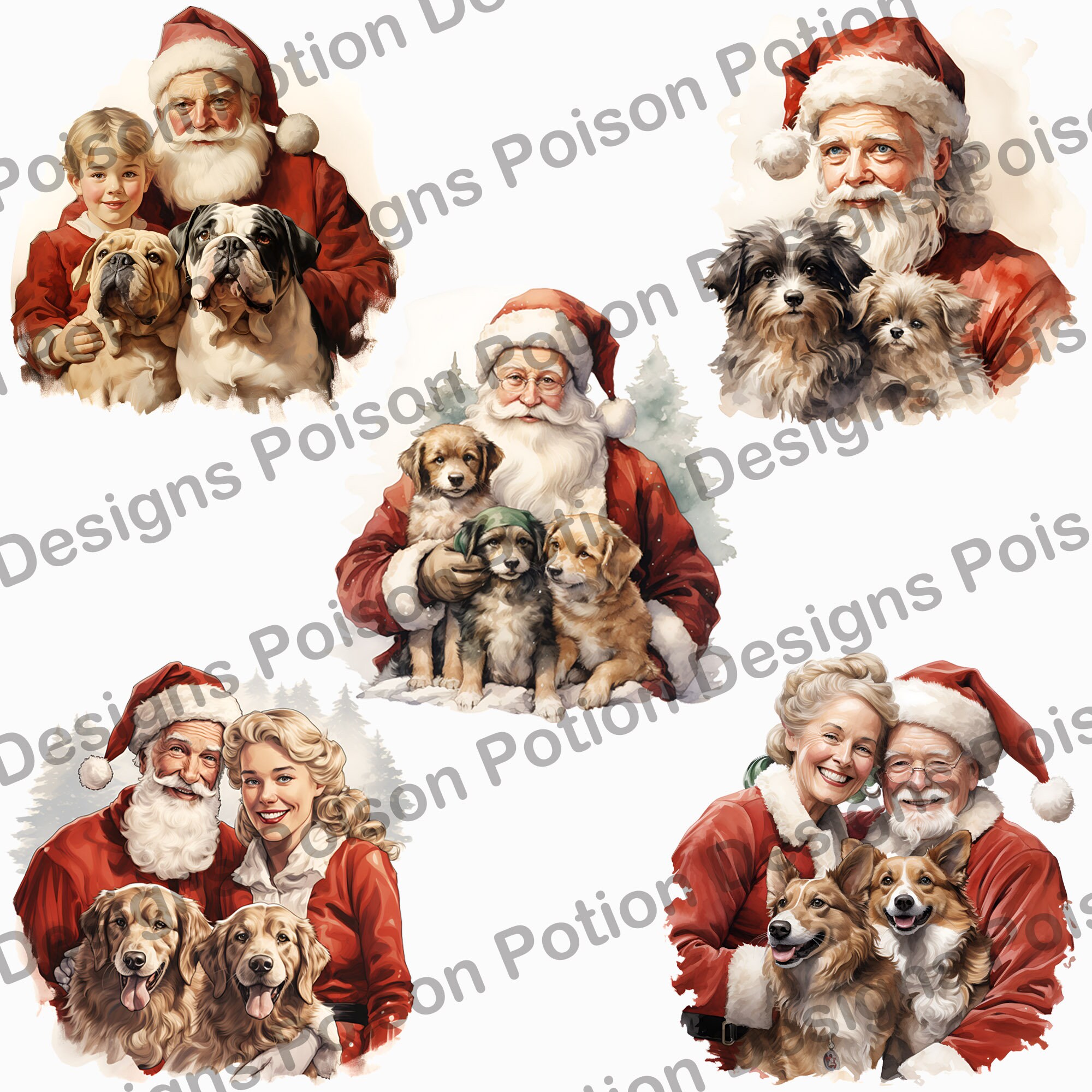 Santa Claus With Dogs and Puppies Clipart, Vintage Christmas Watercolor ...