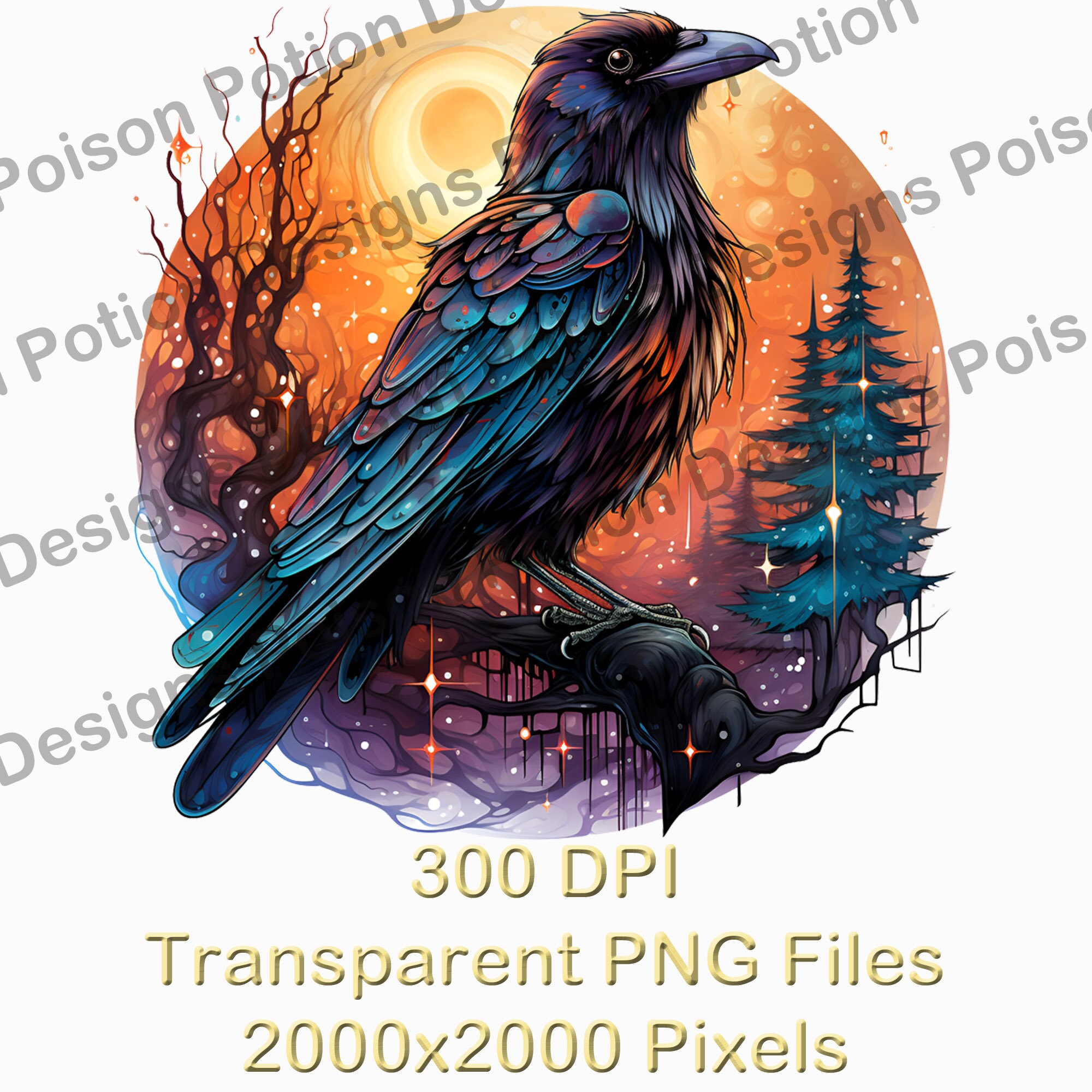 Cosmic Raven Clipart, Gothic Fantasy Watercolor PNG Clip Art, Celestial Bird, Stars, Junk ...