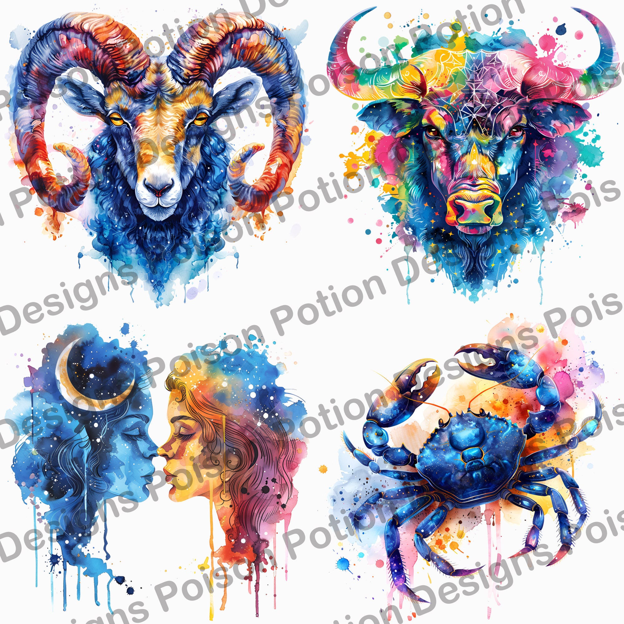 Watercolor Zodiac Clipart, Colorful Astrology PNG Clip Art, Taurus ...