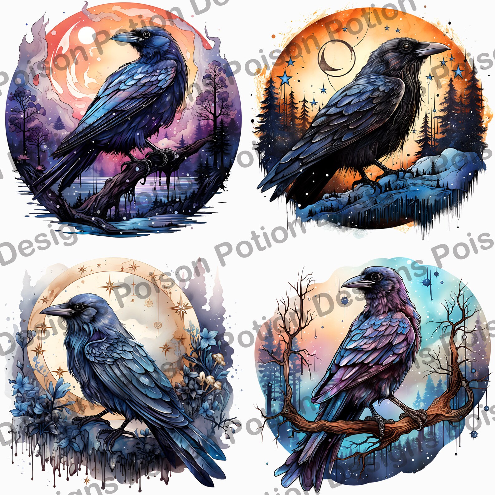 Cosmic Raven Clipart, Gothic Fantasy Watercolor PNG Clip Art, Celestial ...