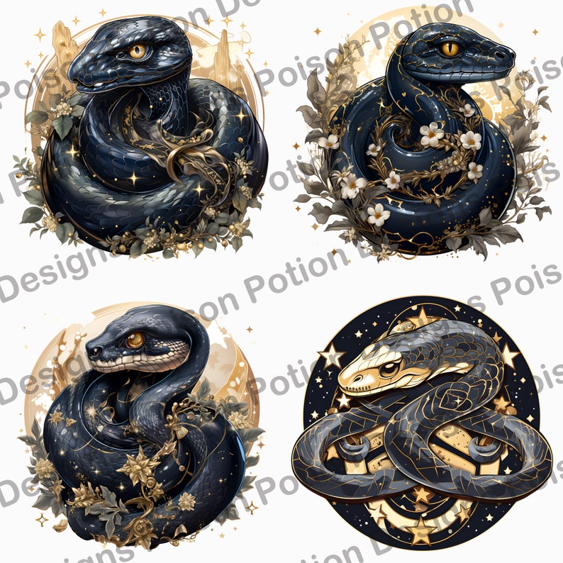 Cosmic Black Snake Clipart, Celestial Gothic Watercolor PNG Clip Art ...