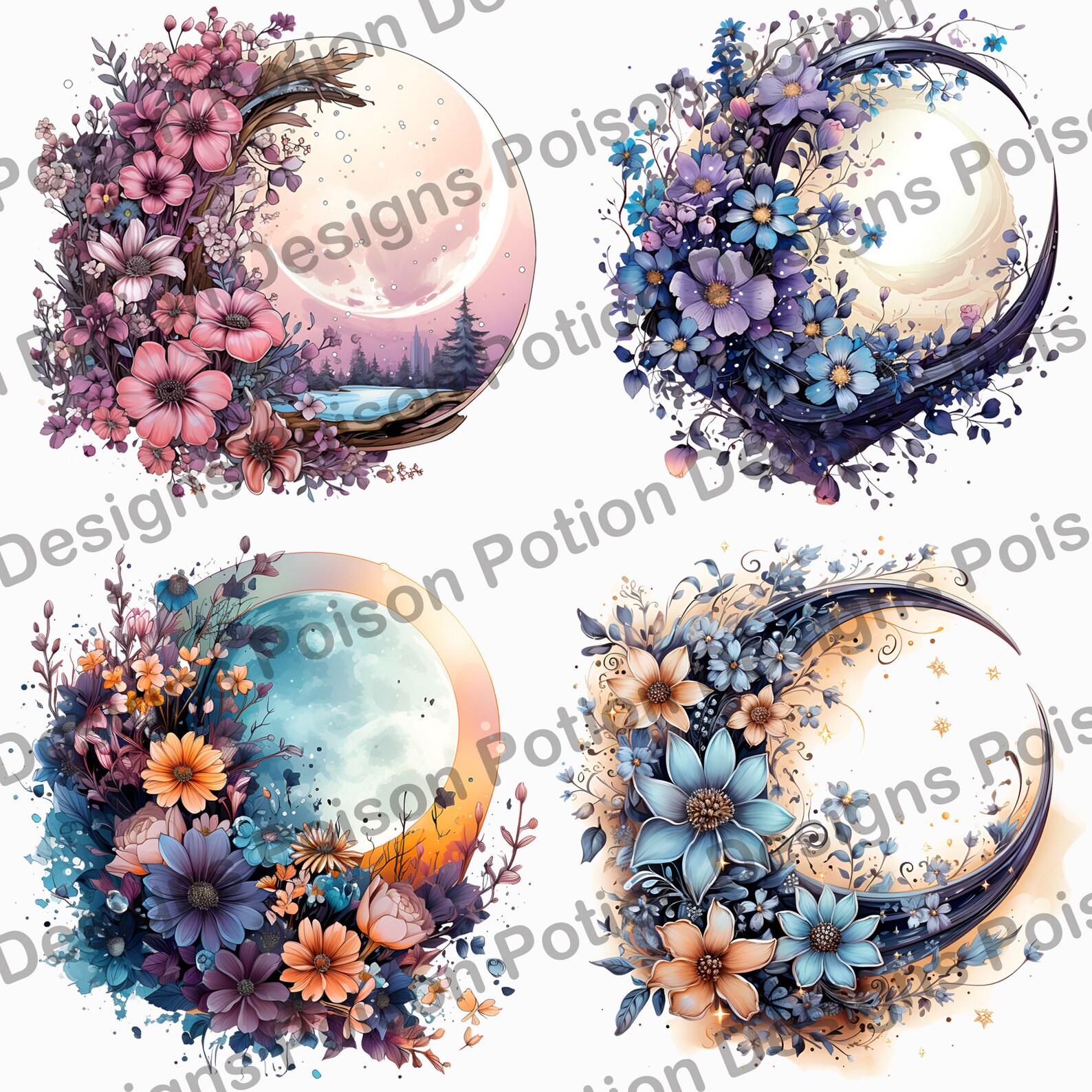 Floral Moon Clipart, Fantasy Watercolor PNG Clip Art, Flowers, Night ...