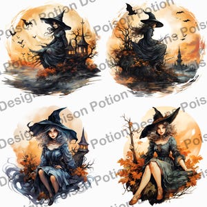 Classic Fall Witch Clipart, Retro Halloween Watercolor PNG Clip Art ...