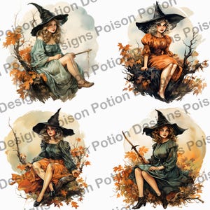 Classic Fall Witch Clipart, Retro Halloween Watercolor PNG Clip Art ...
