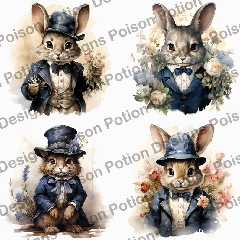 Fantasy Victorian Bunny Clipart, Vintage Watercolor PNG Clip Art ...
