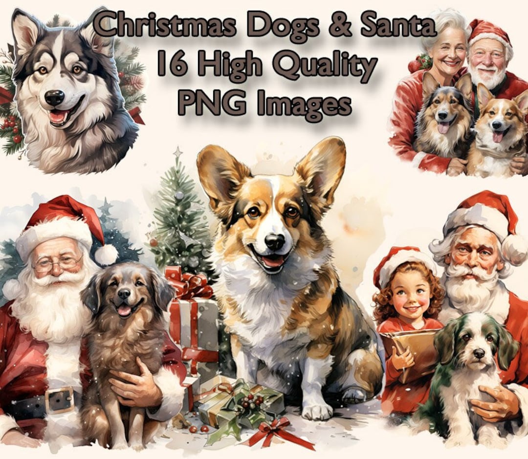 Christmas Dogs and Santa Clipart, Retro Watercolor PNG Clip Art, Corgi ...