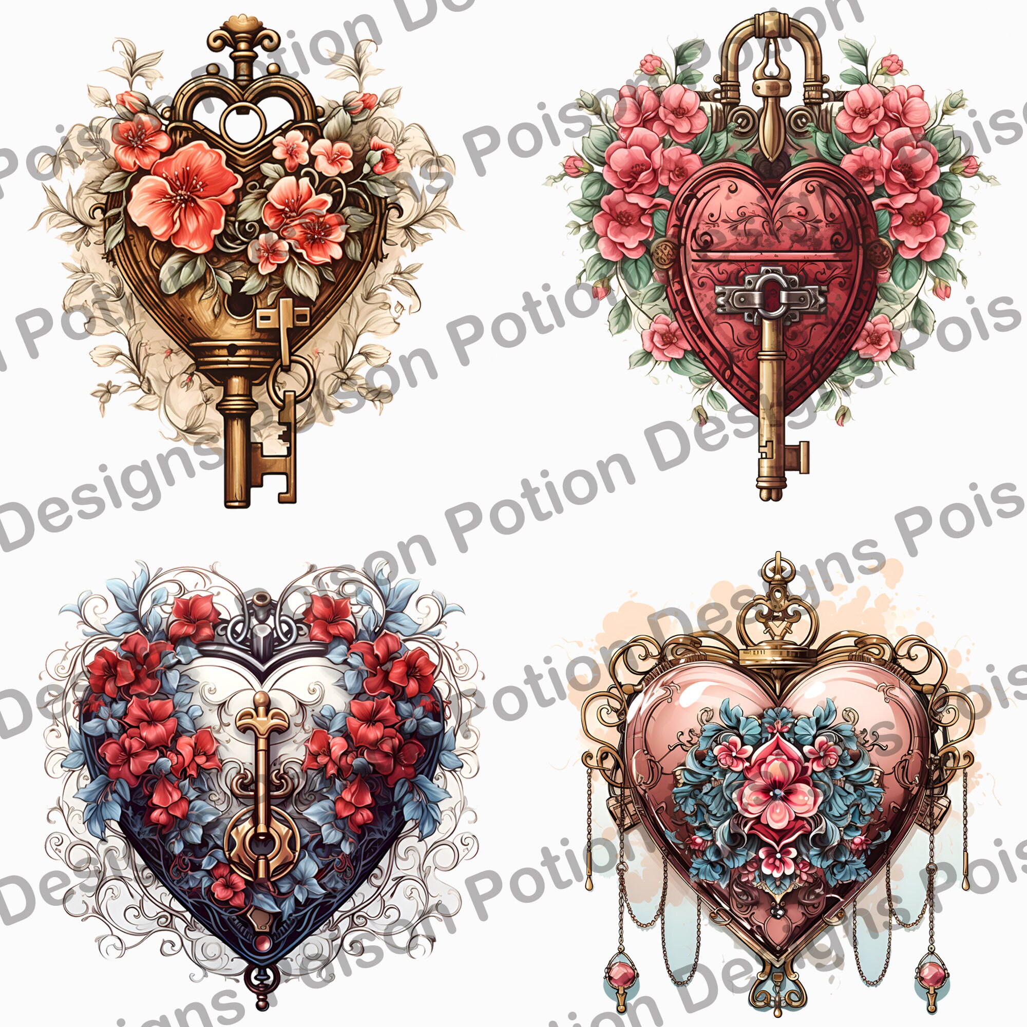 Victorian Heart Lock and Key Clipart, Vintage Valentine's Day PNG Clip ...