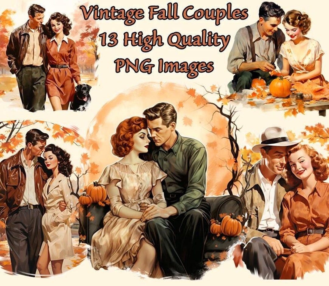 Vintage Fall Couples Clipart, Retro Autumn Watercolor PNG Clip Art ...