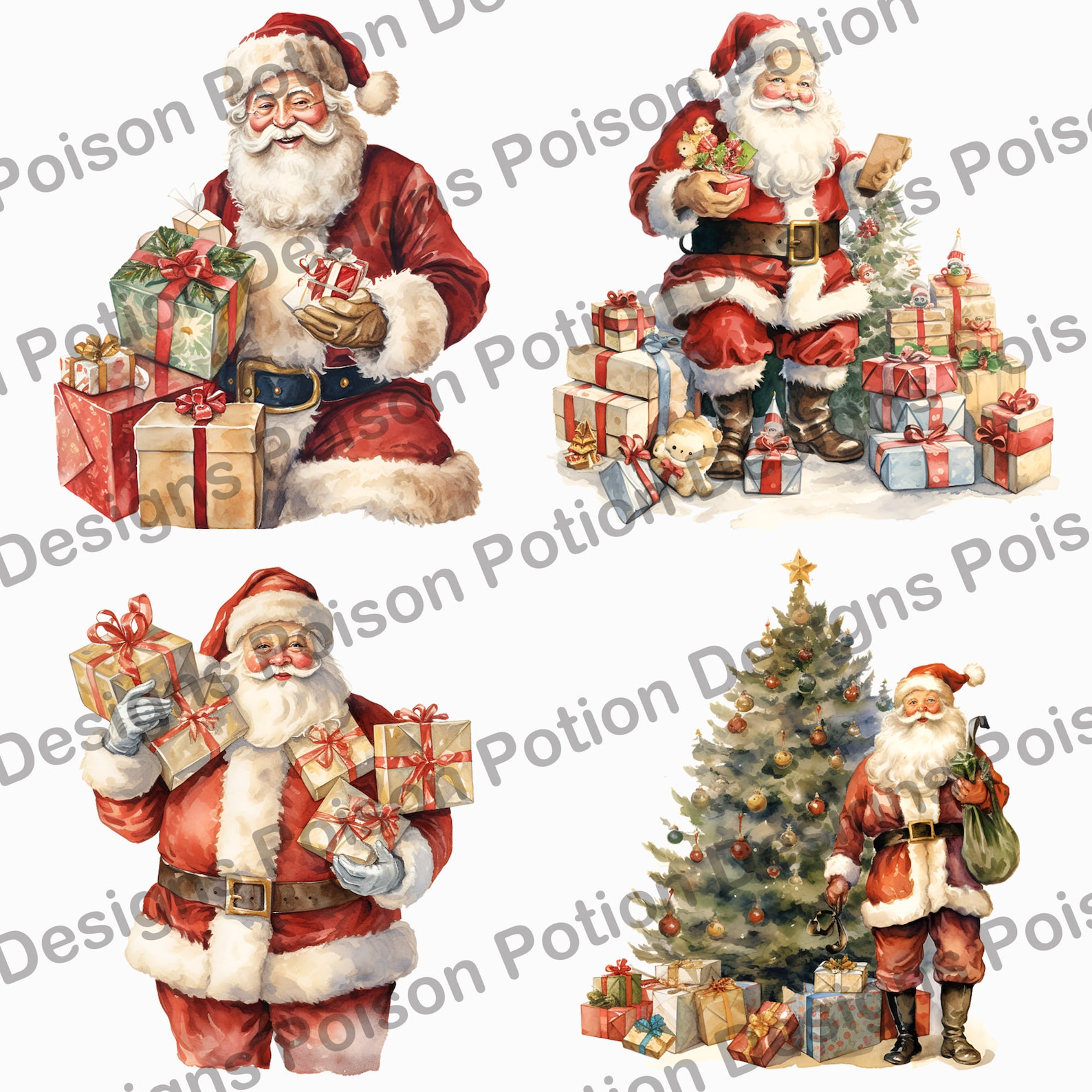 Vintage Santa Claus Clipart, Retro Christmas Watercolor PNG Clip Art ...