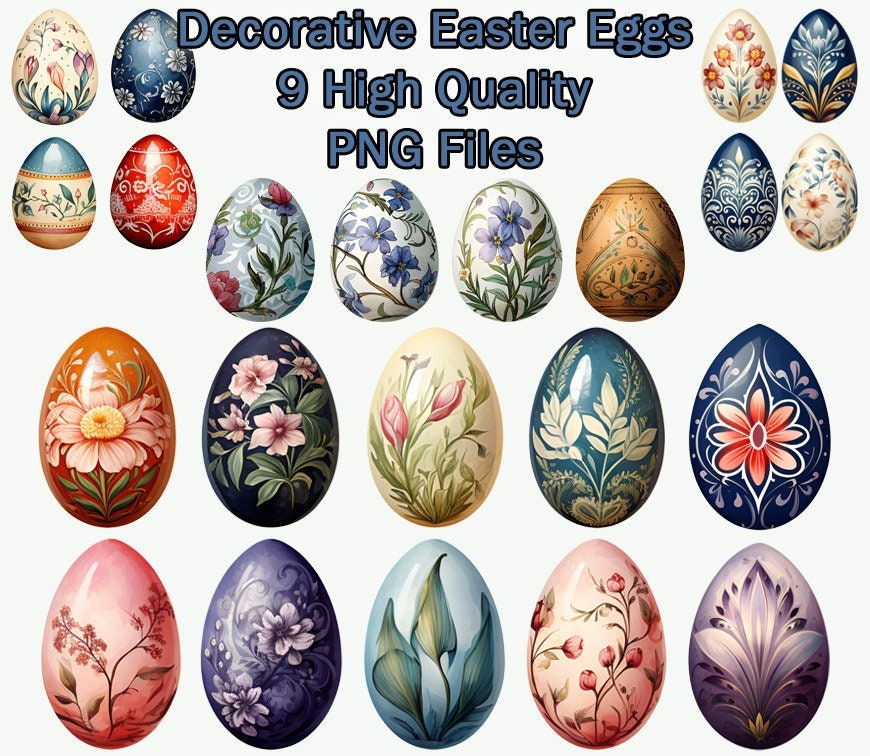 Decorative Easter Eggs Clipart, Vintage Watercolor PNG Clip Art, 110 ...