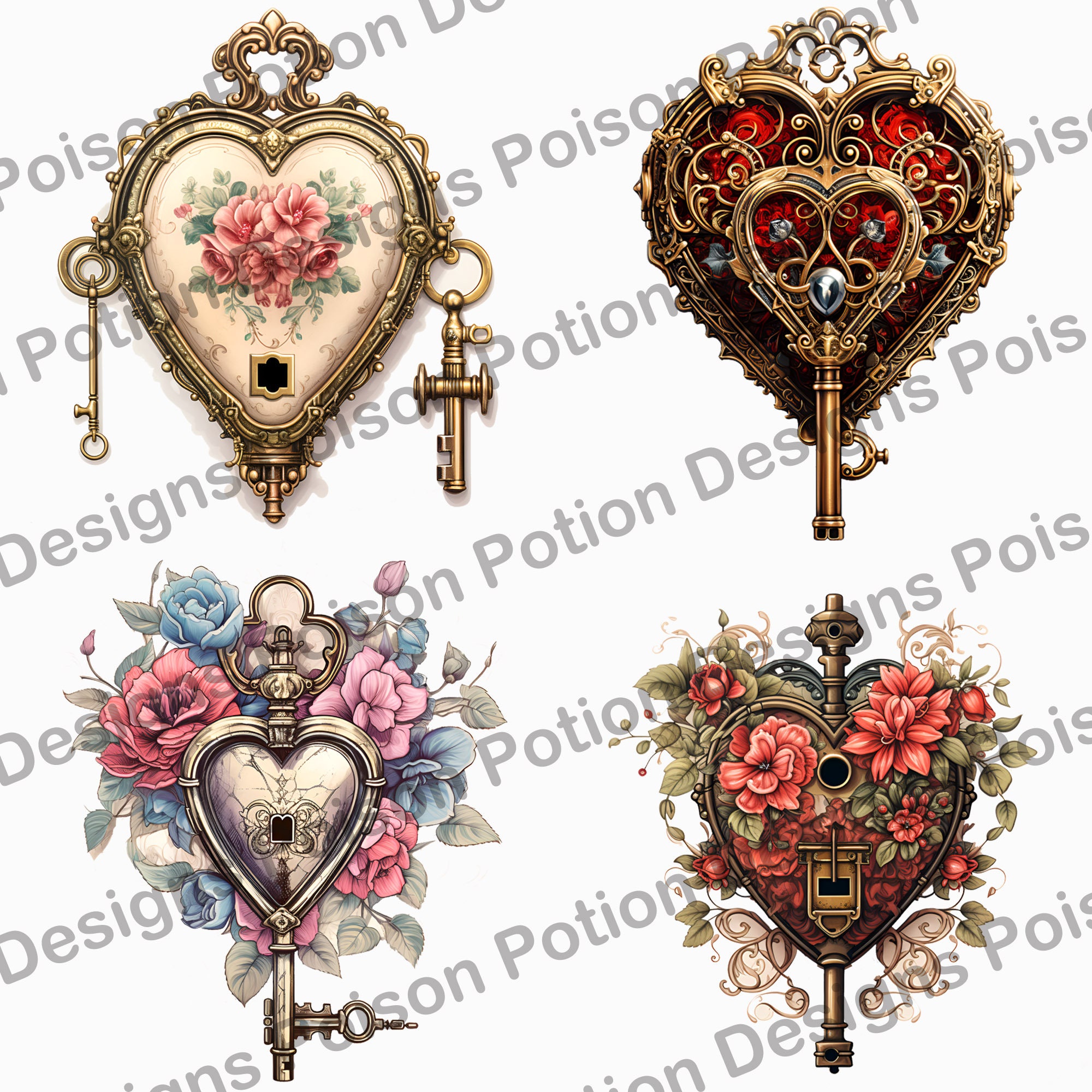 Victorian Heart Lock and Key Clipart, Vintage Valentine's Day PNG Clip ...