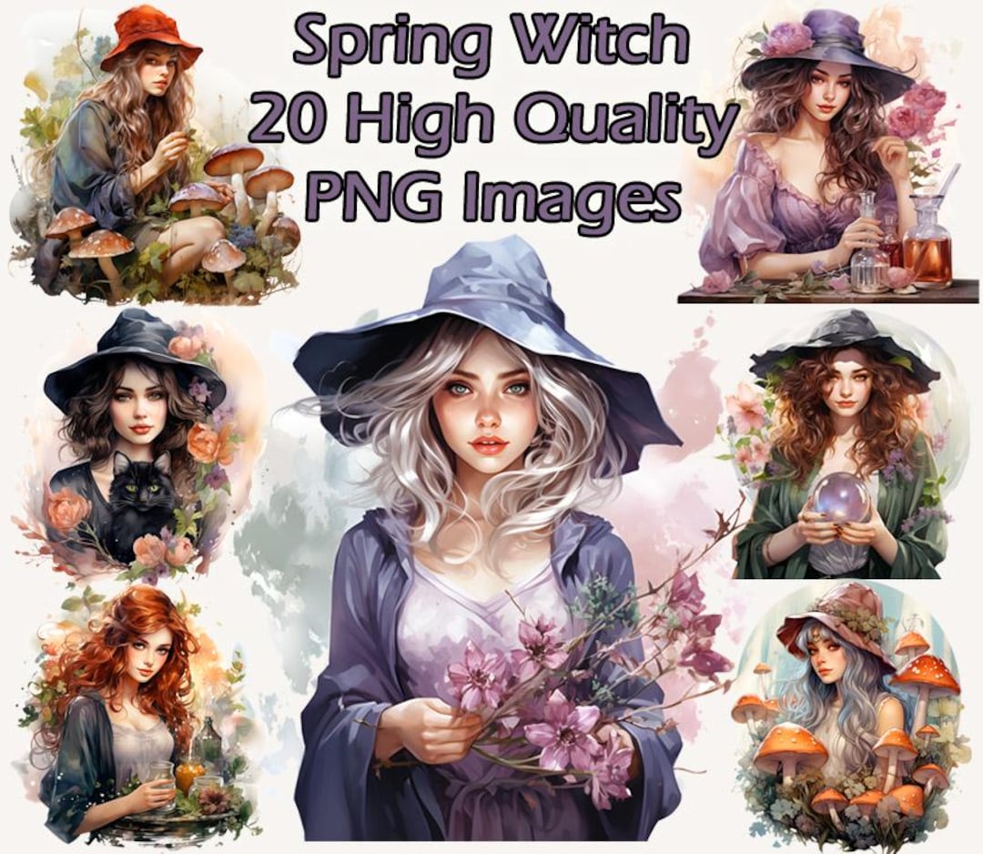 Pretty Spring Witch Clipart, Magic Fantasy Watercolor PNG Clip Art ...