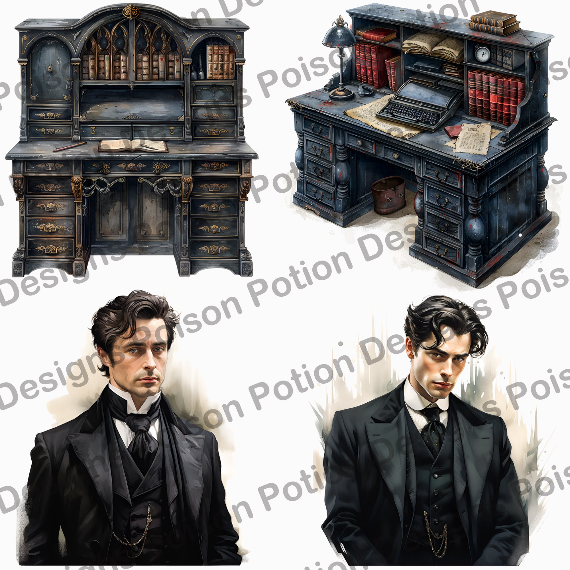 Dark Academia Clipart, Gothic Watercolor PNG Clip Art, Books, Library ...