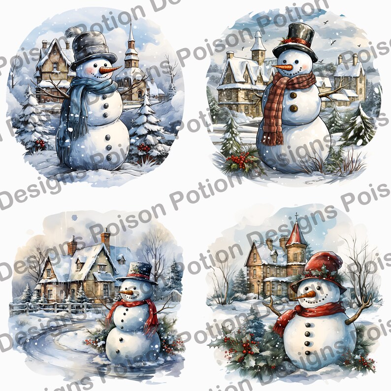 Winter Scenery Snowman Clipart, Classic Holiday Watercolor PNG Clip Art ...