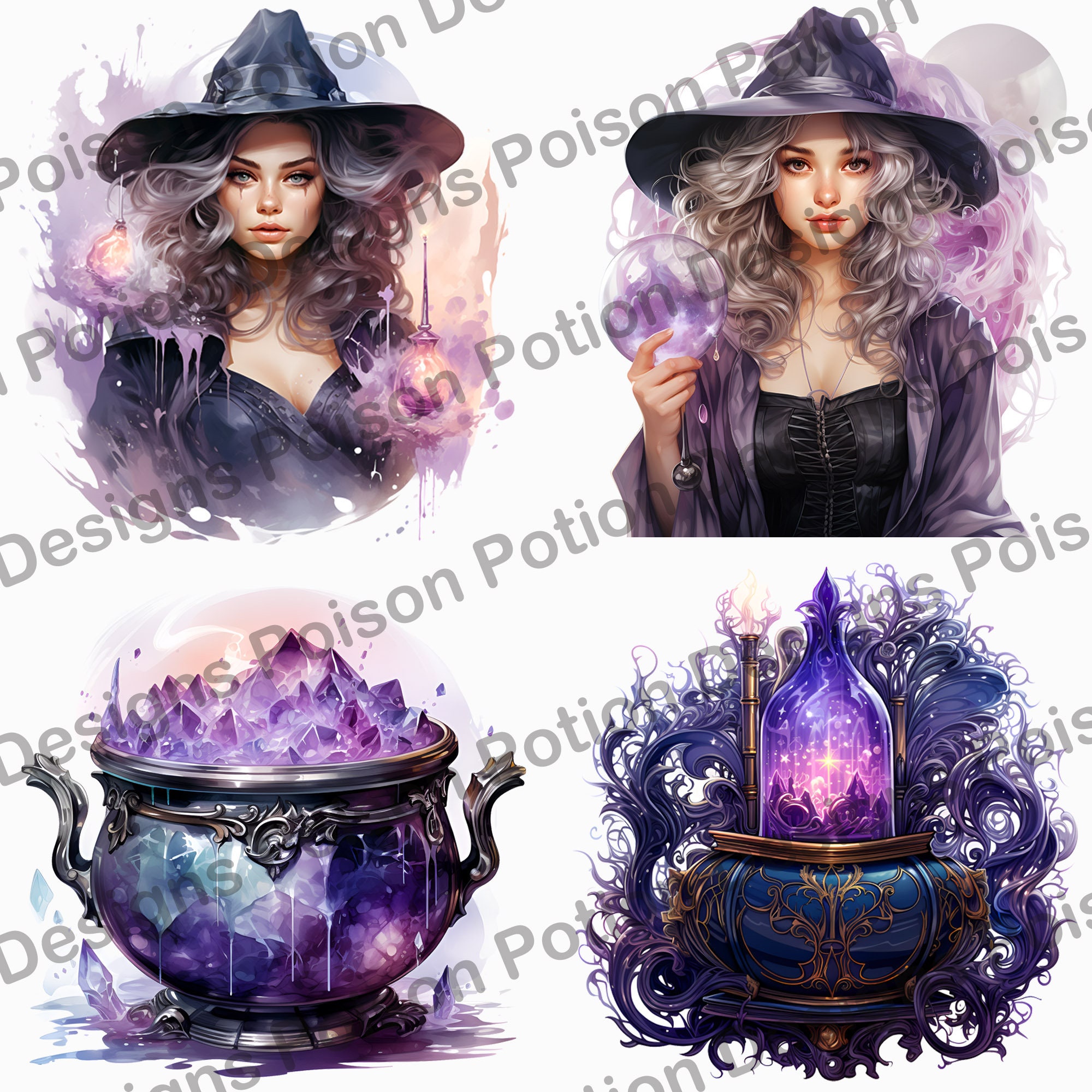 Amethyst Witch Clipart, Magic Fantasy Watercolor PNG Clip Art, Crystals ...