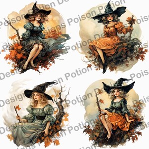 Classic Fall Witch Clipart, Retro Halloween Watercolor PNG Clip Art ...