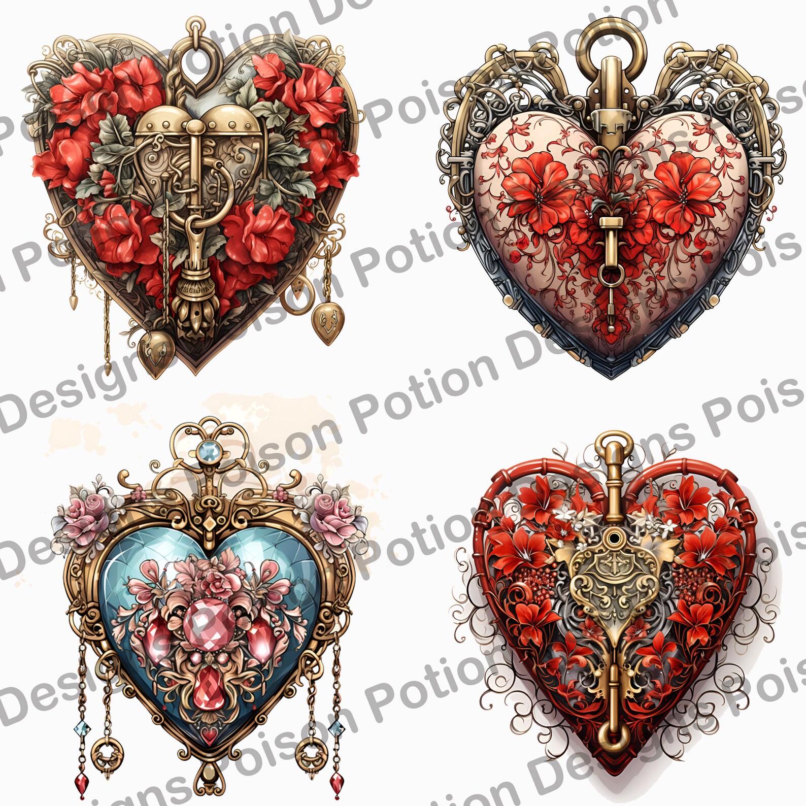 Victorian Heart Lock and Key Clipart, Vintage Valentine's Day PNG Clip ...