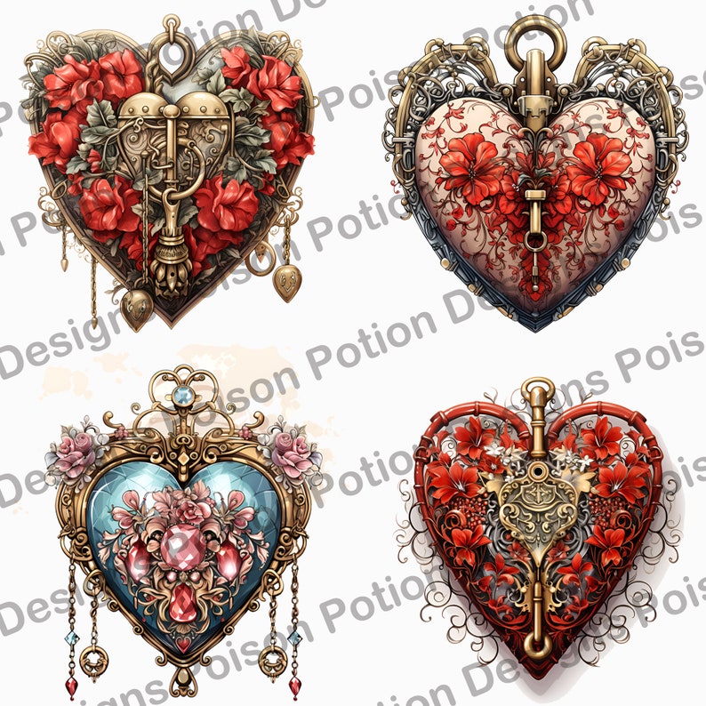 Victorian Heart Lock and Key Clipart, Vintage Valentine's Day PNG Clip ...