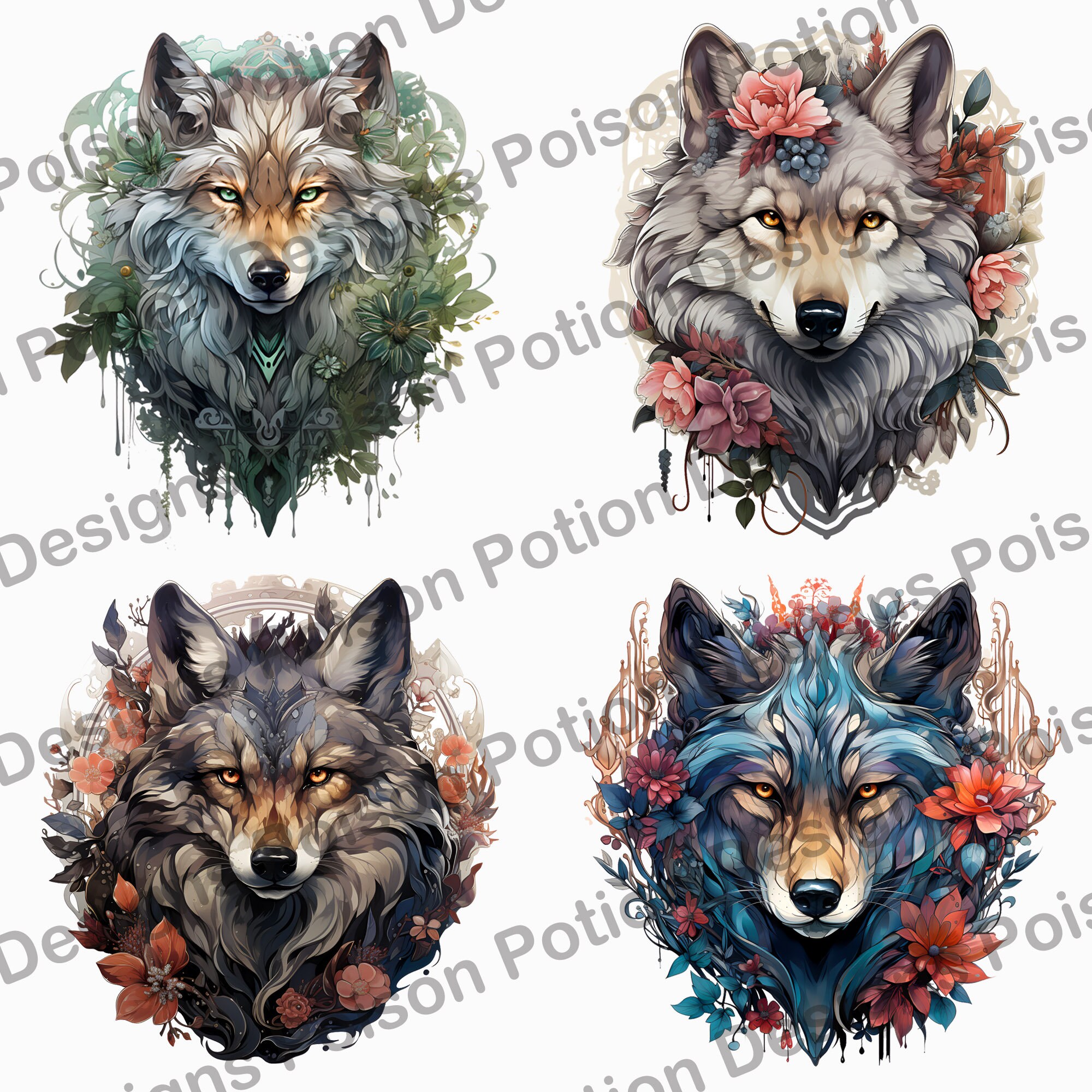 Fantasy Floral Wolf Clipart Watercolor Wolves PNG Wolf - Etsy