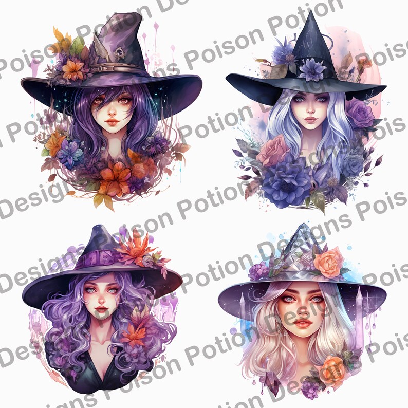 Beautiful Floral Crystal Witch Clipart, Witchy Watercolor PNG Clip Art ...