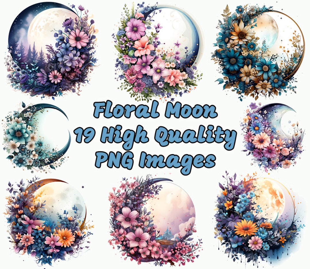 Floral Moon Clipart, Fantasy Watercolor PNG Clip Art, Flowers, Night ...