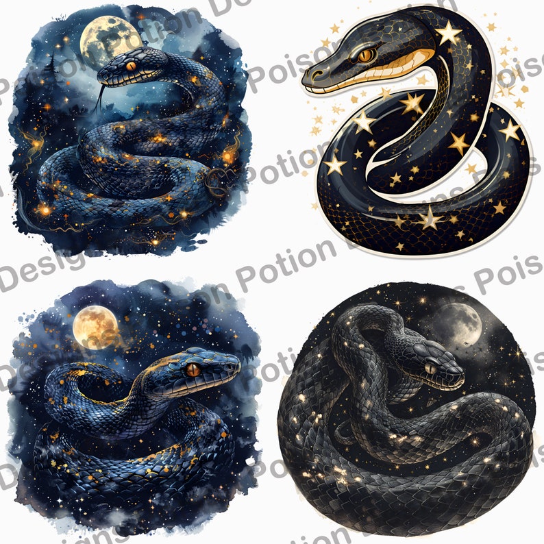 Celestial Snake Clipart, Goth Watercolor PNG Clip Art, Cosmic Serpent ...