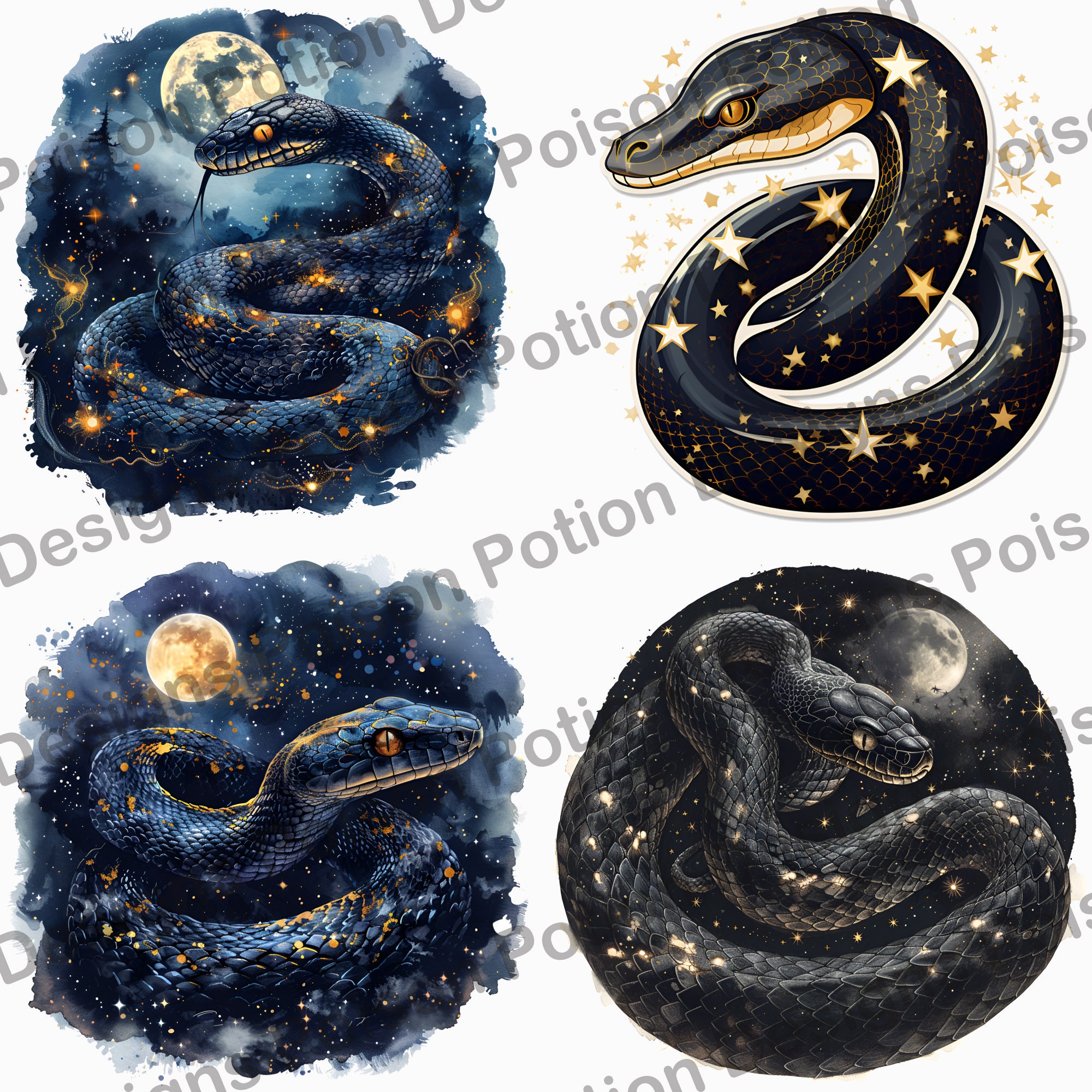 Celestial Snake Clipart, Goth Watercolor PNG Clip Art, Cosmic Serpent ...