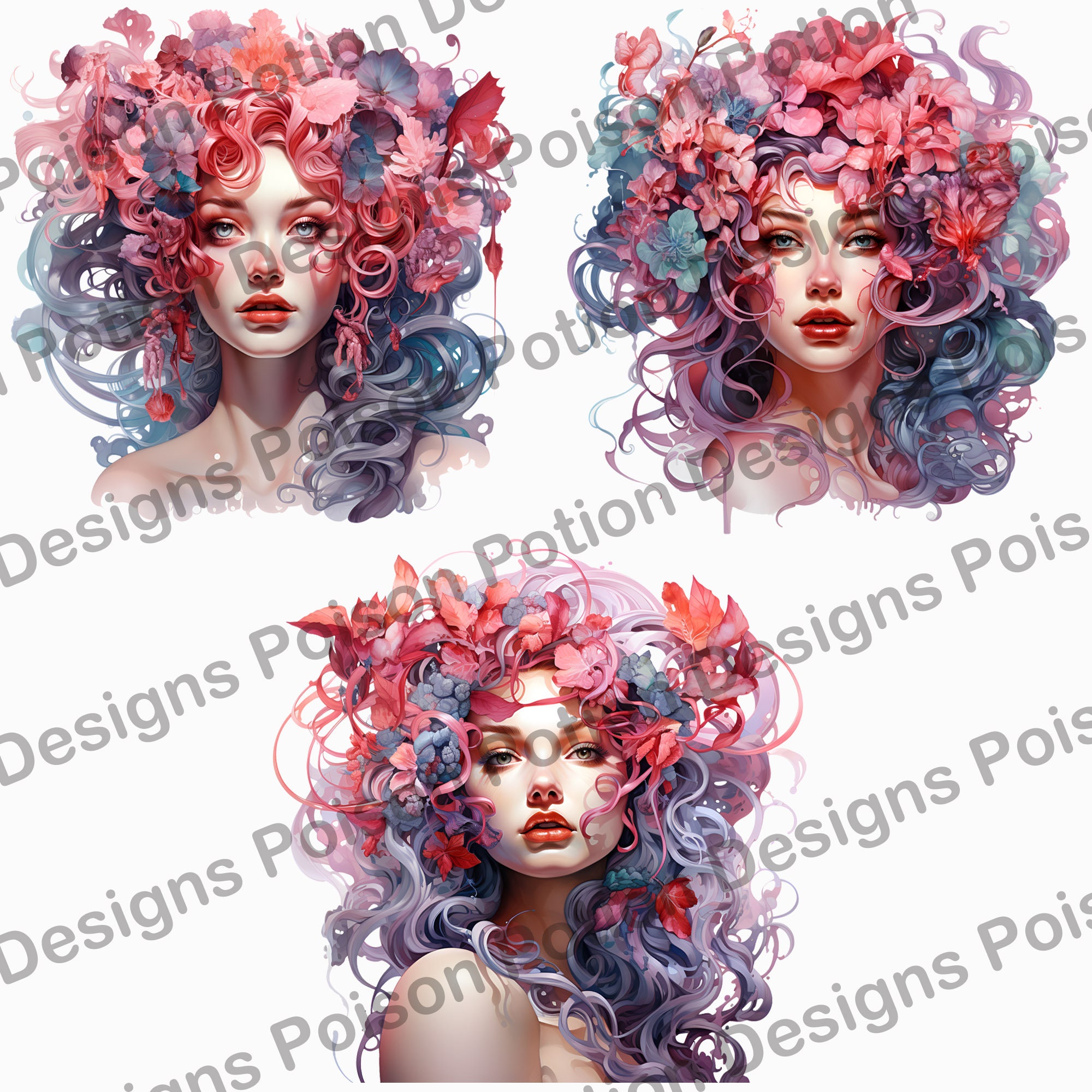 Pink Floral Goddess Clipart, Fantasy Watercolor PNG Clip Art, Beautiful ...