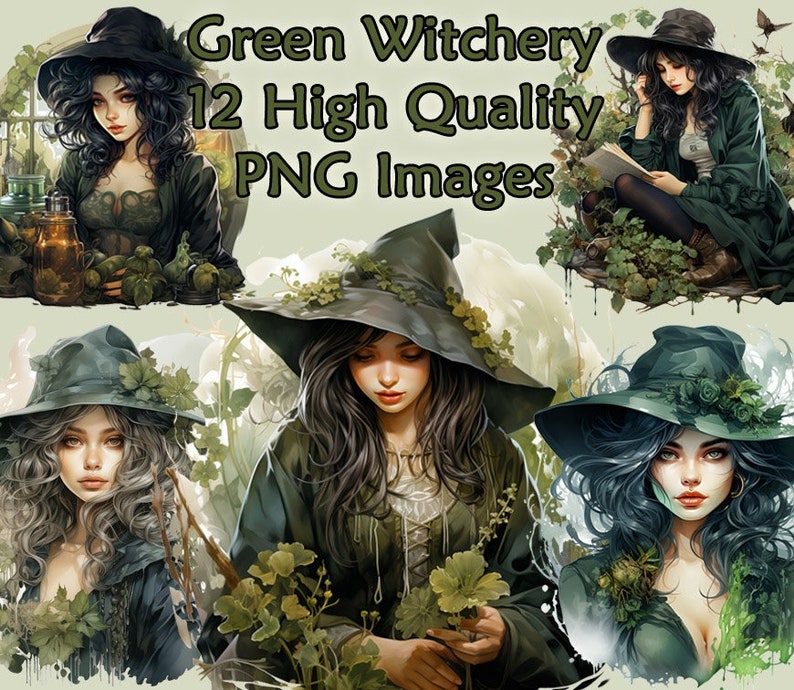Green Witchery Clipart, Witch Gothic PNG Clip Art, 300 DPI, Halloween, Scrapbooking, Junk ...